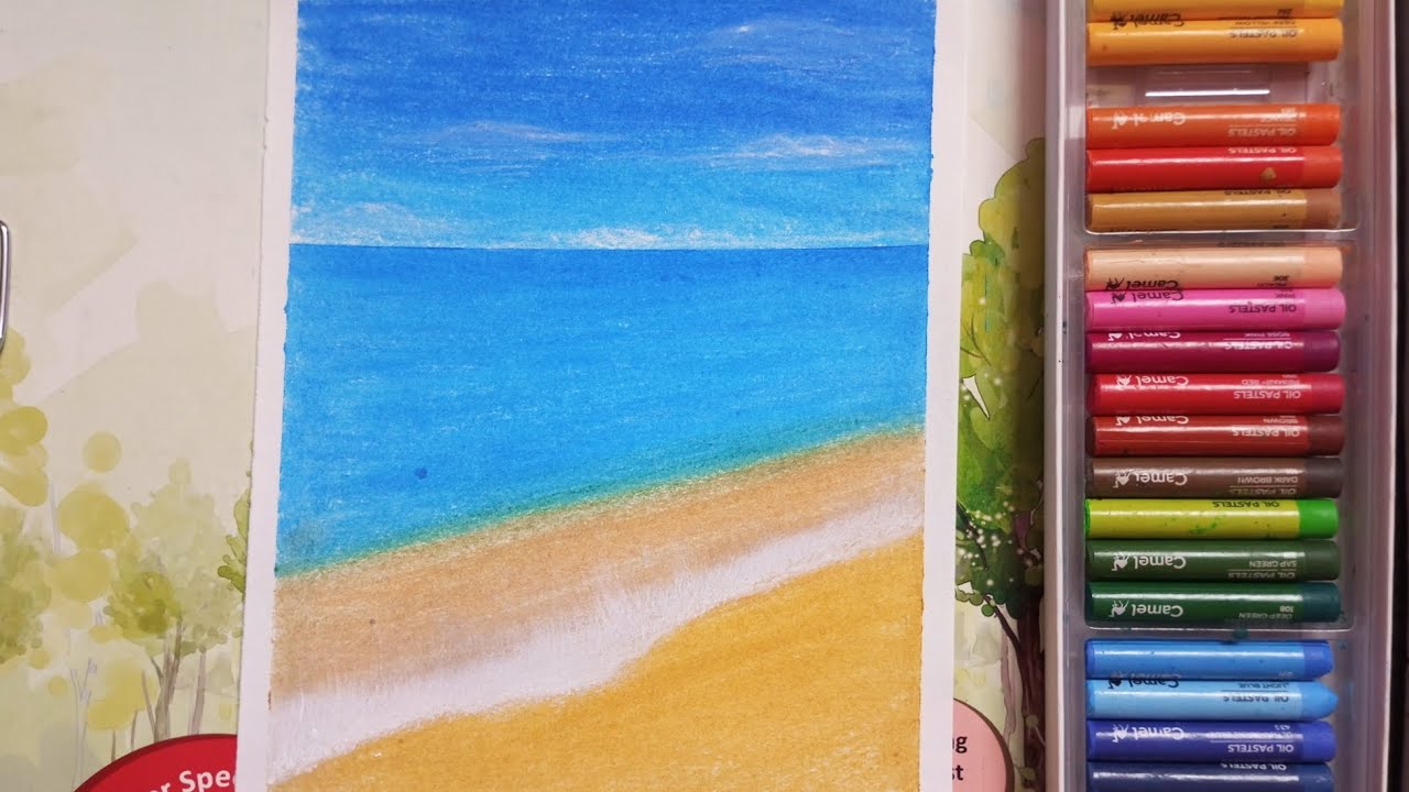 Easy seaside drawing / Oil pastels painting / ocean beach drawing step ...