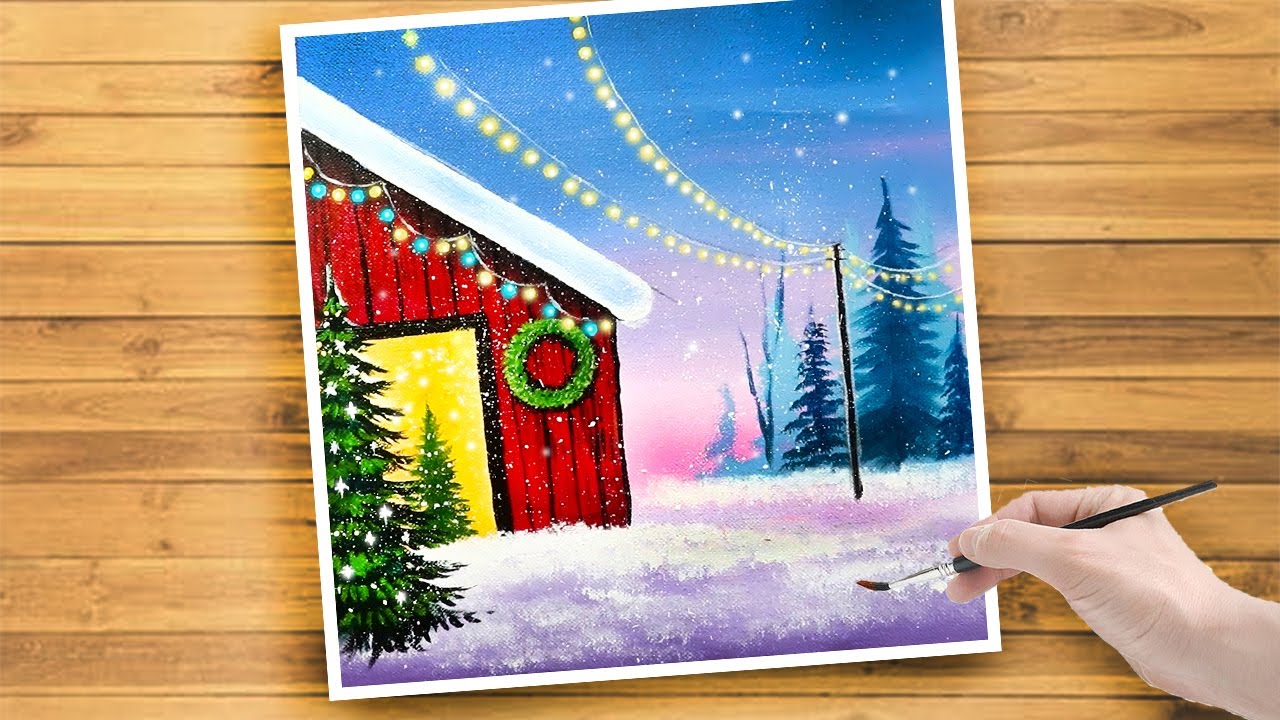 Winter House and Christmas Tree Acrylic Painting / Step By step / Daily ...