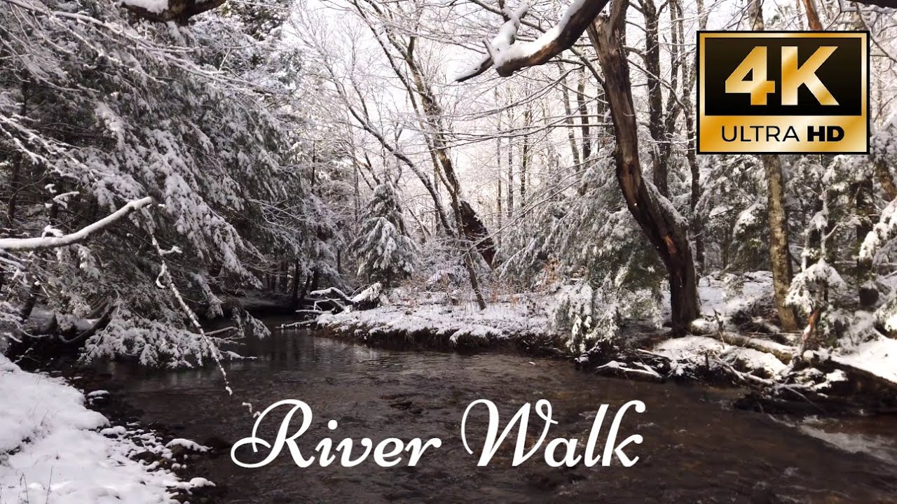 4k Winter Walk by a River with Falling and Crunching Snow, Running ...