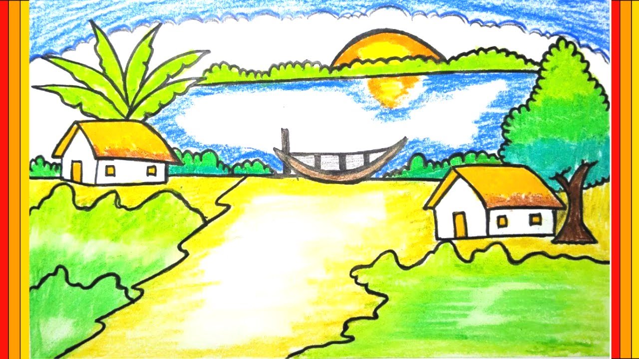 How to Draw Beautiful Sunset and Mountain Lake Scenery Drawing 4 - YouTube