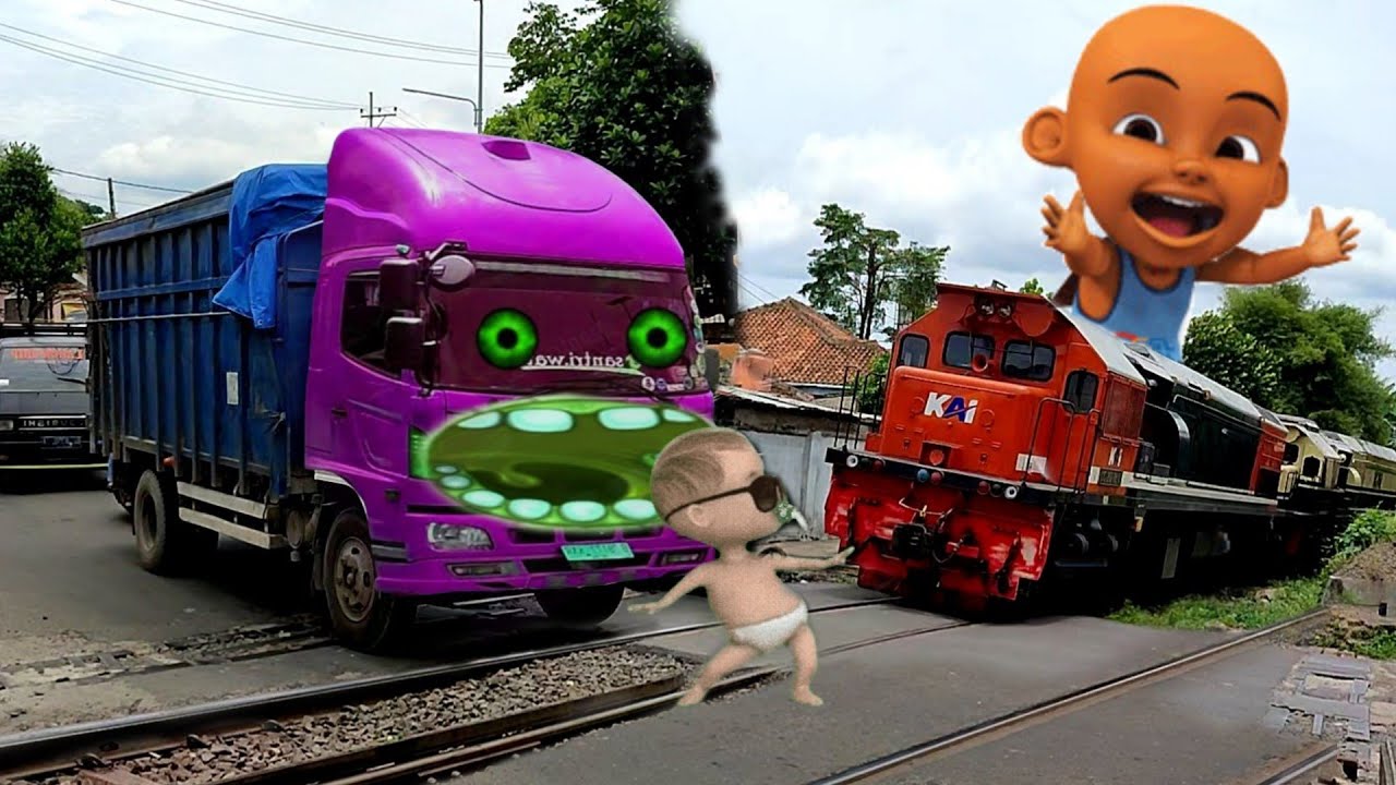 Truk oleng vs kereta api,upin ipin,kucing,first train - YouTube