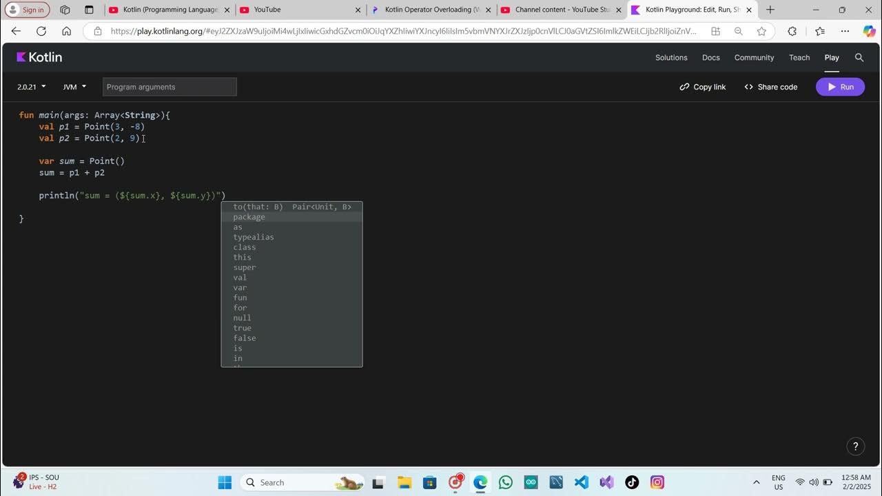 Kotlin (Programming Language) Project 64: 'Overloading + Operator' Created by Trishanth Kumar ...