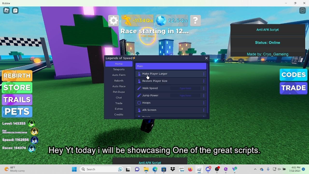 Roblox Legends of speed showcasing Pb_Cryo script. - YouTube