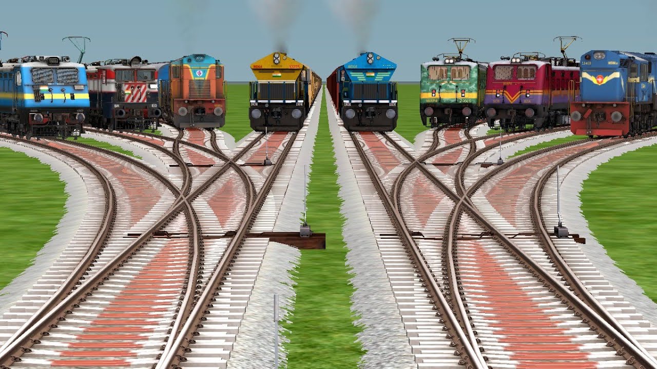 8 TRAINS CROSSING ON BUMPY RAILROAD TRACKS | Railraod Crossing | Train ...
