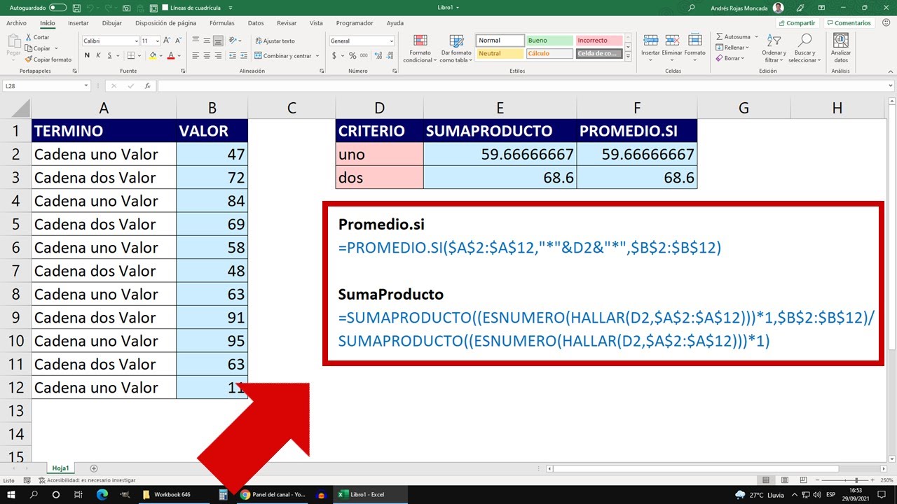 Promediar con Criterios y Comodines en Excel - Funciones SUMAPRODUCTO & PROMEDIO.SI - YouTube