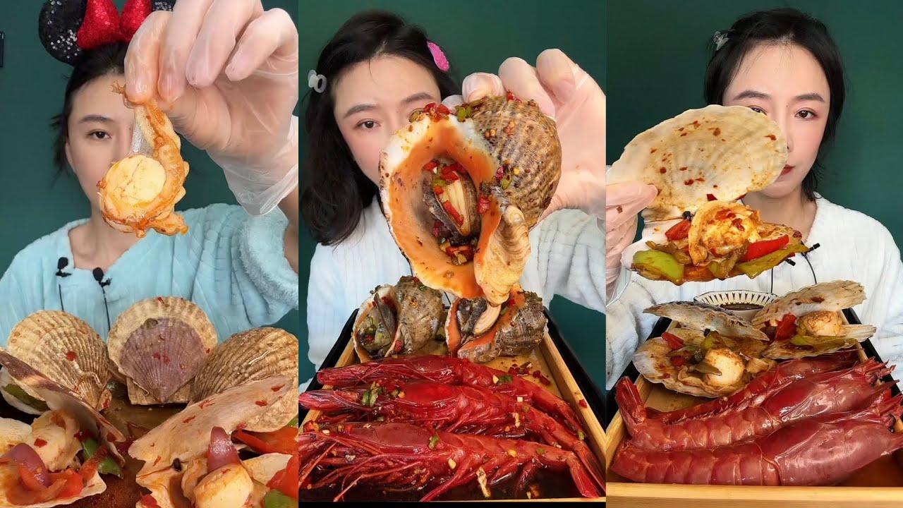 Mukbang #42:Eat seafood🦞🍤 scallops sashimi red devil shrimp 🦐🍤 conch # ...