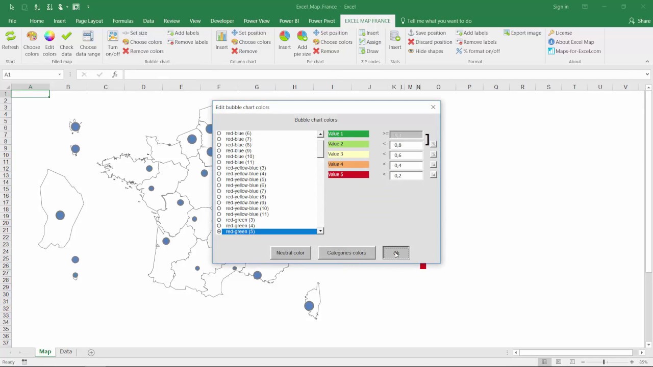 How to show 2 measures on the map? Example for Excel Map France - YouTube