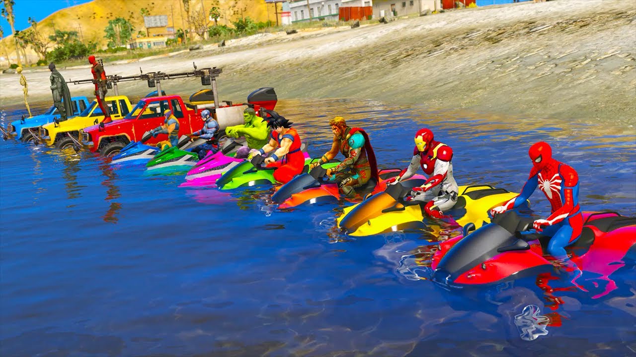 spiderman and superheroes water bike jetski boat & water car GTA 5 ...