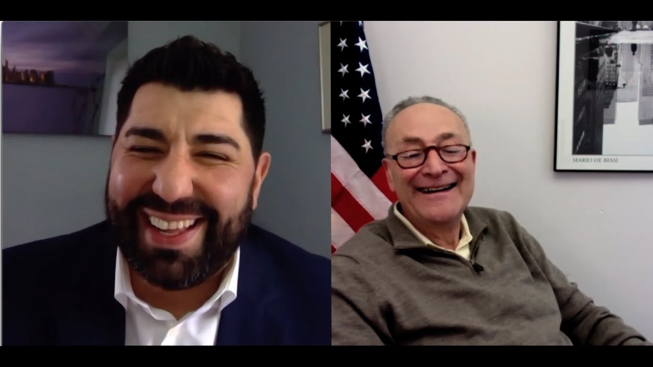 U.S. Senate Majority Leader Chuck Schumer speaks with Anthony Aprea ...
