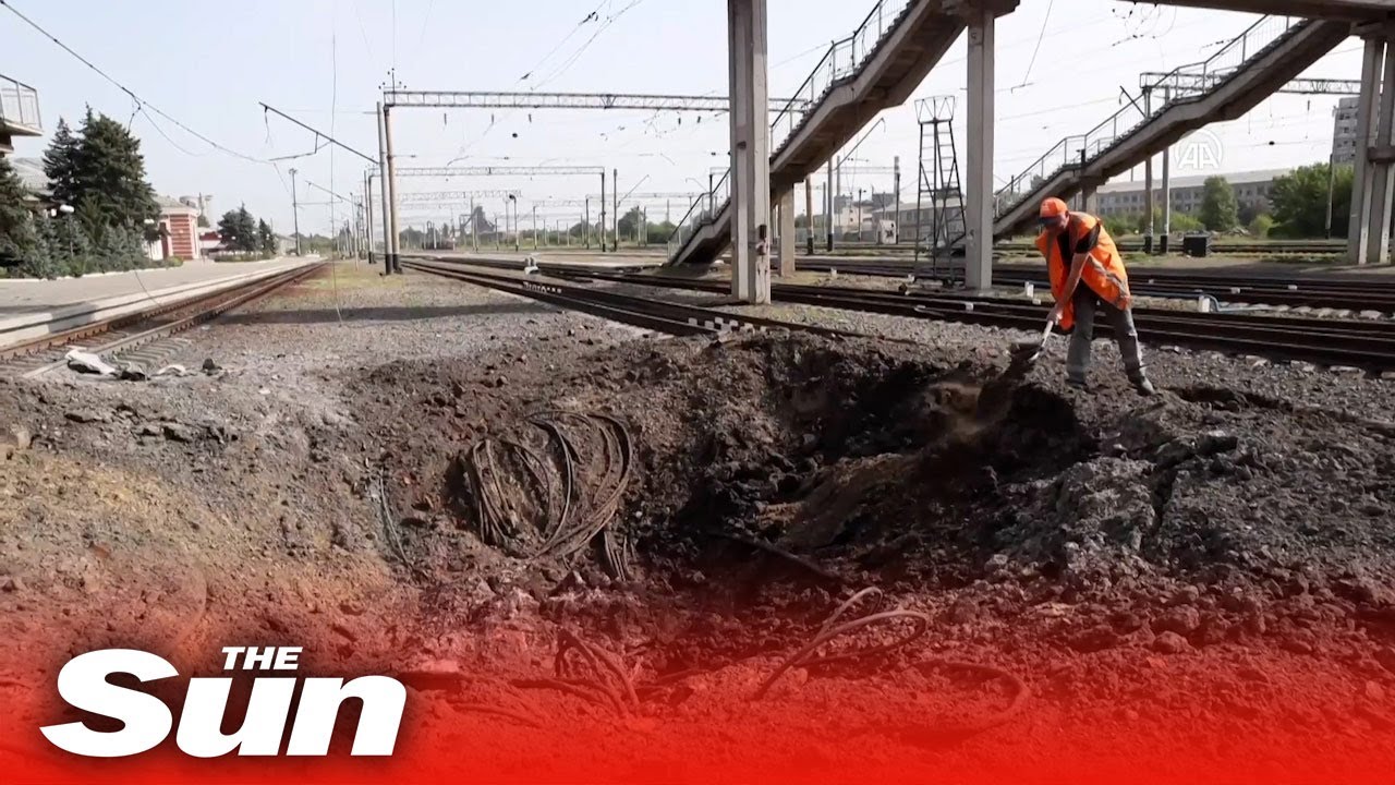 Train rails left damaged in Ukraine town after attacks by Russian ...