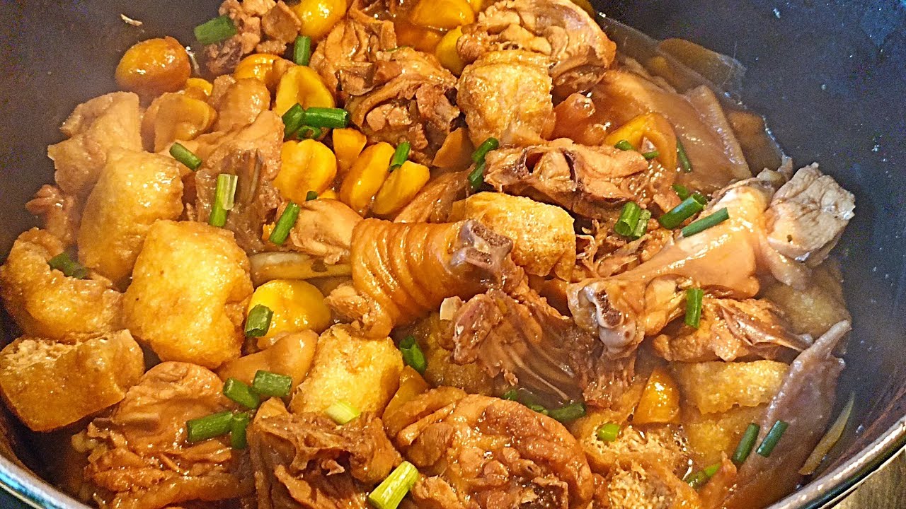Chicken with Chest Nuts and Tofu Puffs in Dark Soy Sauce - YouTube