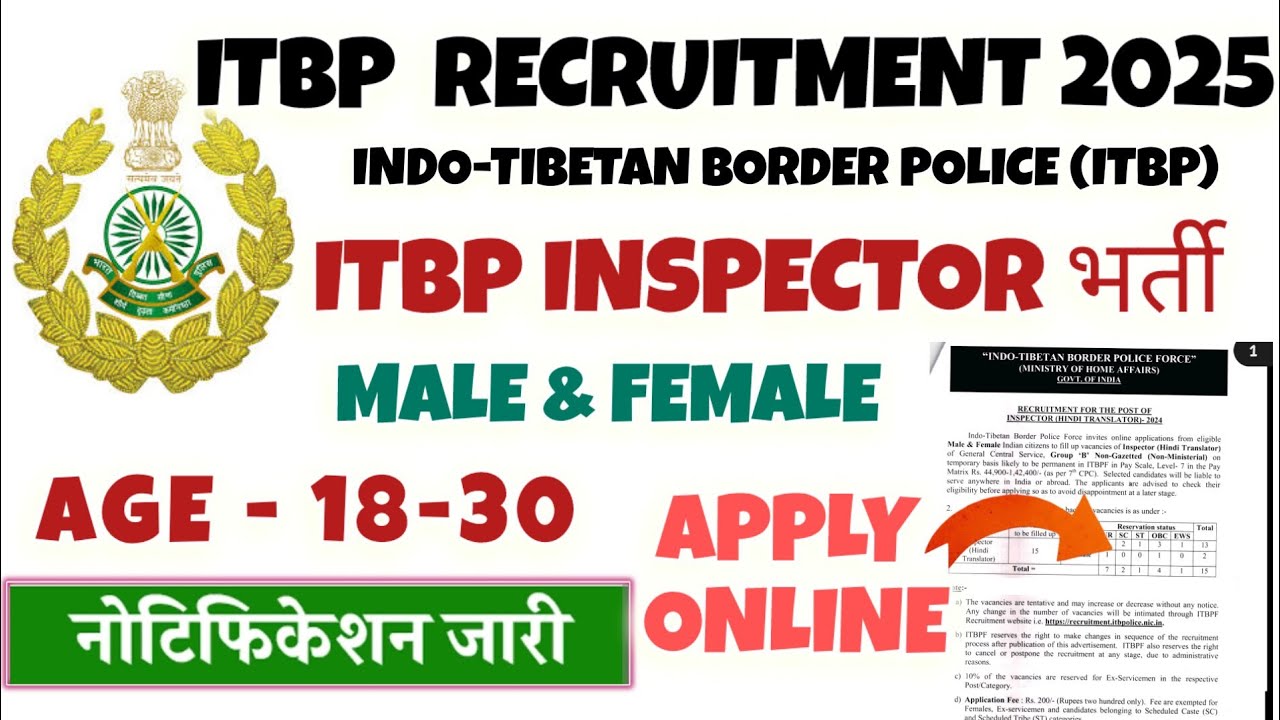 ITBP Inspector भर्ती ITBP RECRUITMENT INSPECTOR HINDI TRANSLATOR GOVT ...