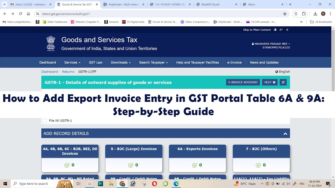 How to Add Export Invoice Entry in GST Portal Table 6A & 9A Step by ...