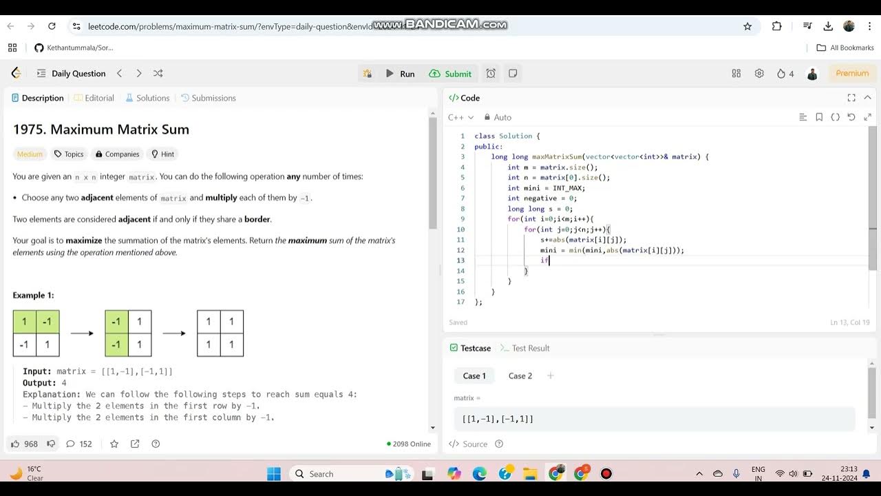 1975. Maximum Matrix Sum | Today Leetcode Challenge - YouTube