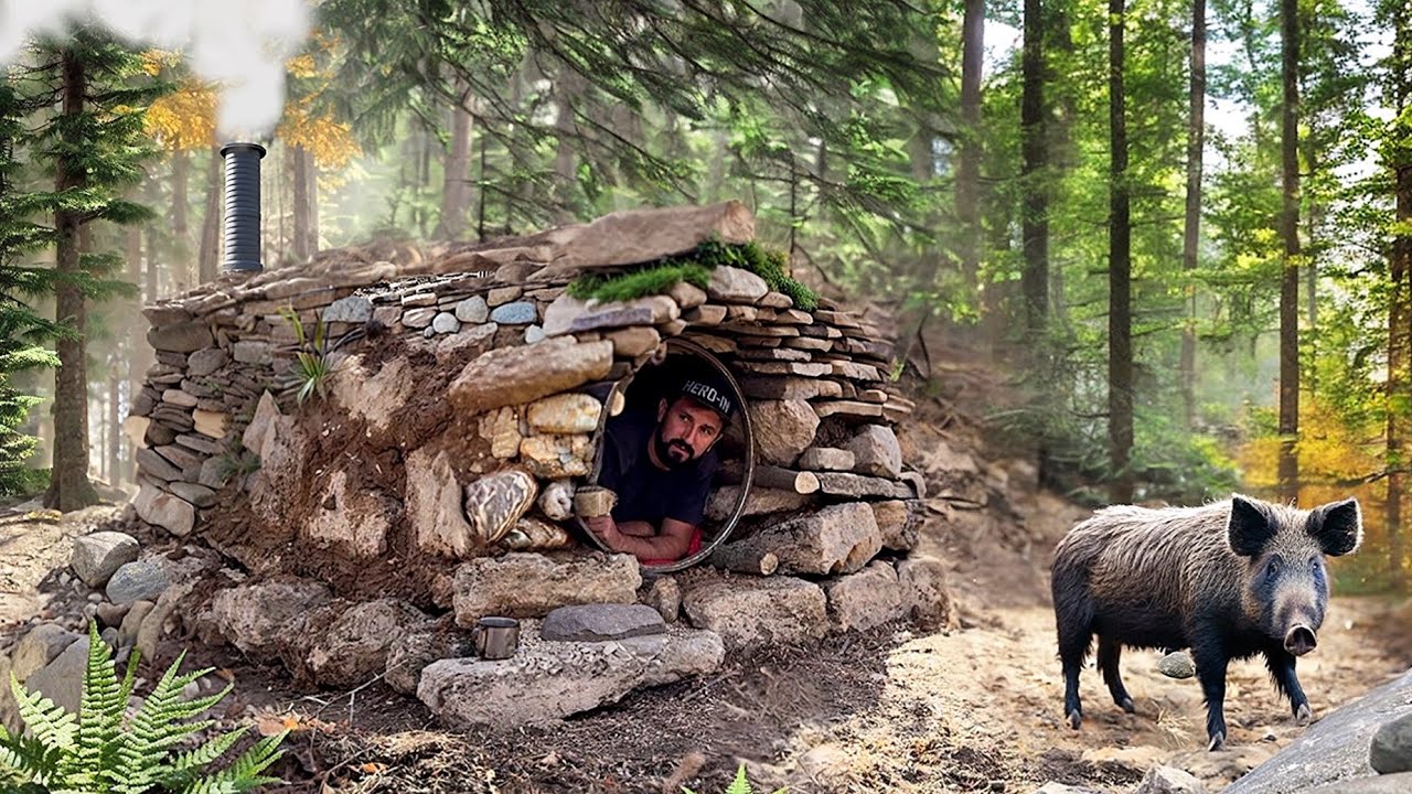 Building a Barrel-Shaped Stone Shelter to Hide from a Wild Boar - YouTube