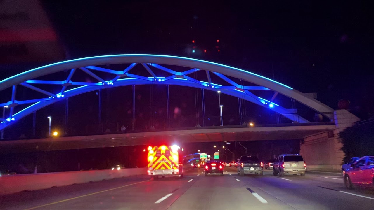 Southwest Freeway heading north into downtown Houston with all the neon ...