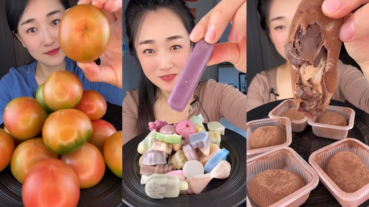 SUB) Persimmons🍅🍅+wax bottle sugar🍬🍬+Sheng Qiao Fu Tuan🍫🍫#mukbang# ...