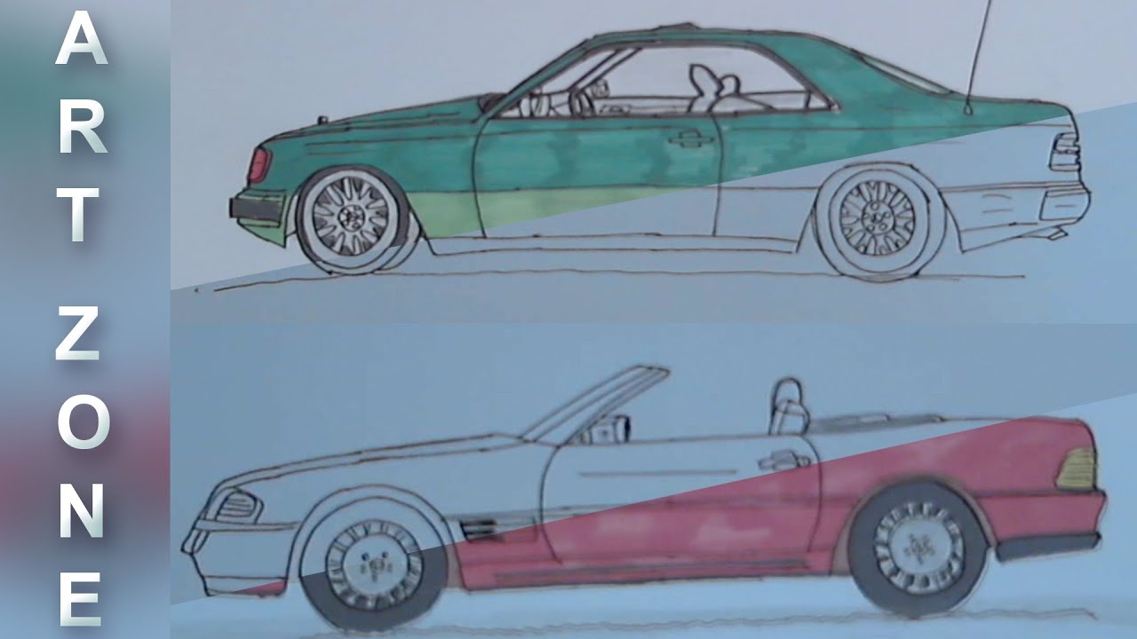 How to Draw Mercedes Benz R129 SL 280 and W124 300CE | Step by Step ...