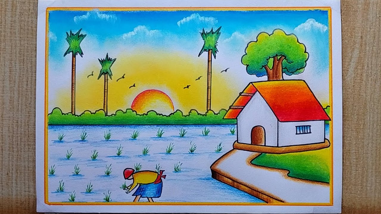 Very easy Village scenery drawing| Paddy Field With Farmer Scenery ...