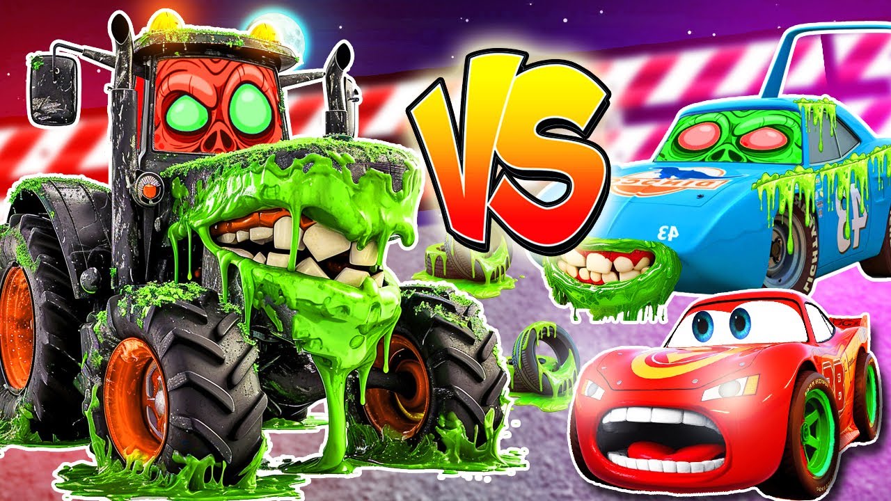 😱Horror Story | HUGE TRACTOR GREEN SLIME ZOMBIE 🆚 McQueen😱| Flatbed ...