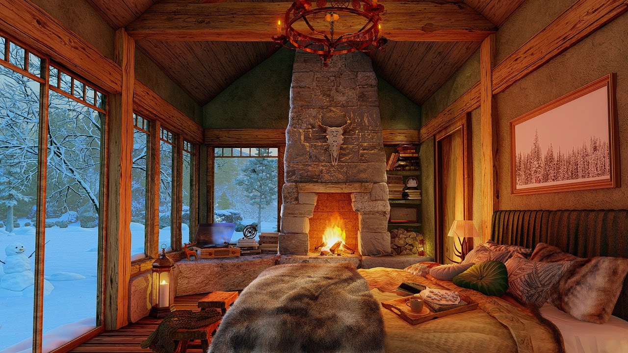 Cozy Bedroom Winter Cabin AMBIENCE ASMR 🔥☃️ Crackling Fire & Soft Wind ...