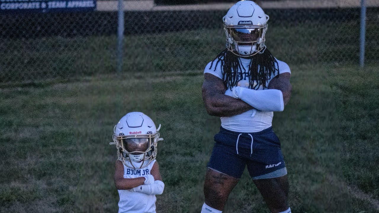 Boom Jr. linebacker 5U football training with his dad - YouTube