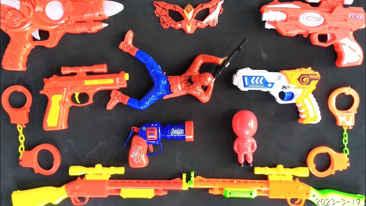 Guns, handcuffs, spider-man, nerfgun, shotgun, bullets, squidgame ...
