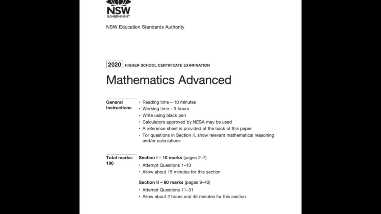 NSW HSC Mathematics Advance 2020 pastpaper (中文讲解) - YouTube
