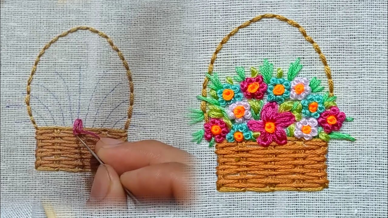 how to embroider a beautiful flower basket | Embroidery TNH - YouTube