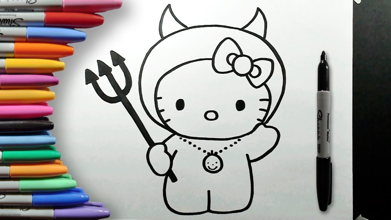 How to Draw Evil Hello Kitty with Colored Markers Step by Step Easy for ...