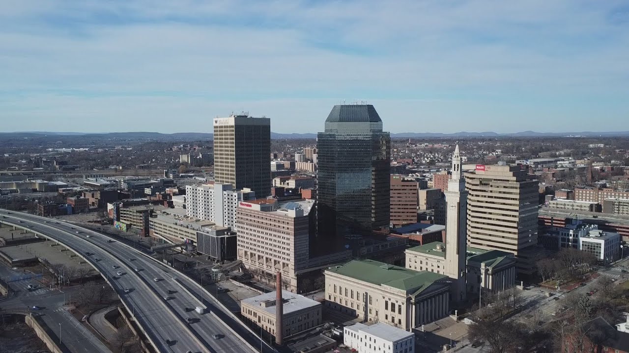 Aerial View of Springfield, MA Downtown, River Front and the Basketball ...