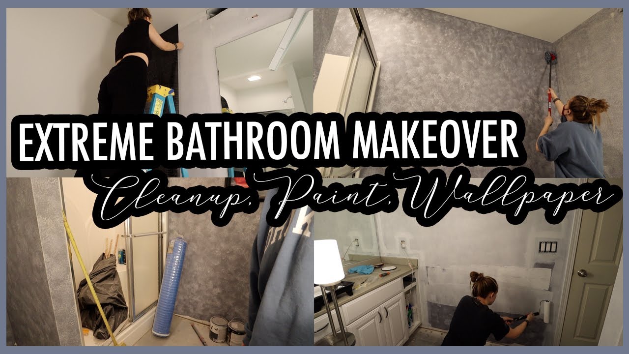 BATHROOM TRANSFORMATION PT.2 | Cleanup, Paint, and Wallpaper! - YouTube