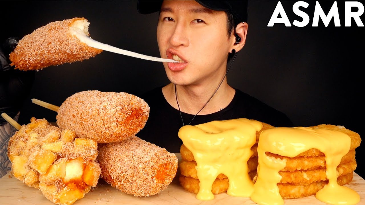 ASMR MOZZARELLA CORN DOGS & CHEESY HASH BROWNS MUKBANG (No Talking ...
