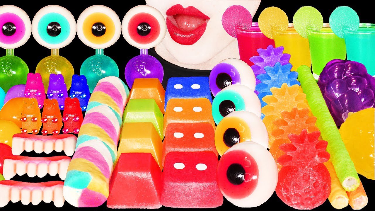 ASMR RAINBOW DSSERTS 레인보우 디저트 CRUNCHY ICE FRUIT SNACK JELLY 무지개 디저트 얼린 ...