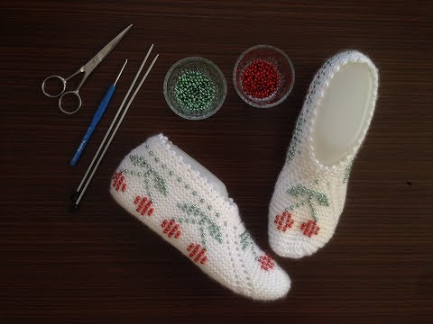 İki şiş Boncuklu kiraz motifli patik// çeyizlik kolay patik modeli