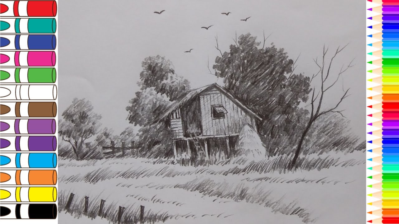 วาดภาพเถียงนาในชนบท, How to draw Country house. Pencil drawing - YouTube
