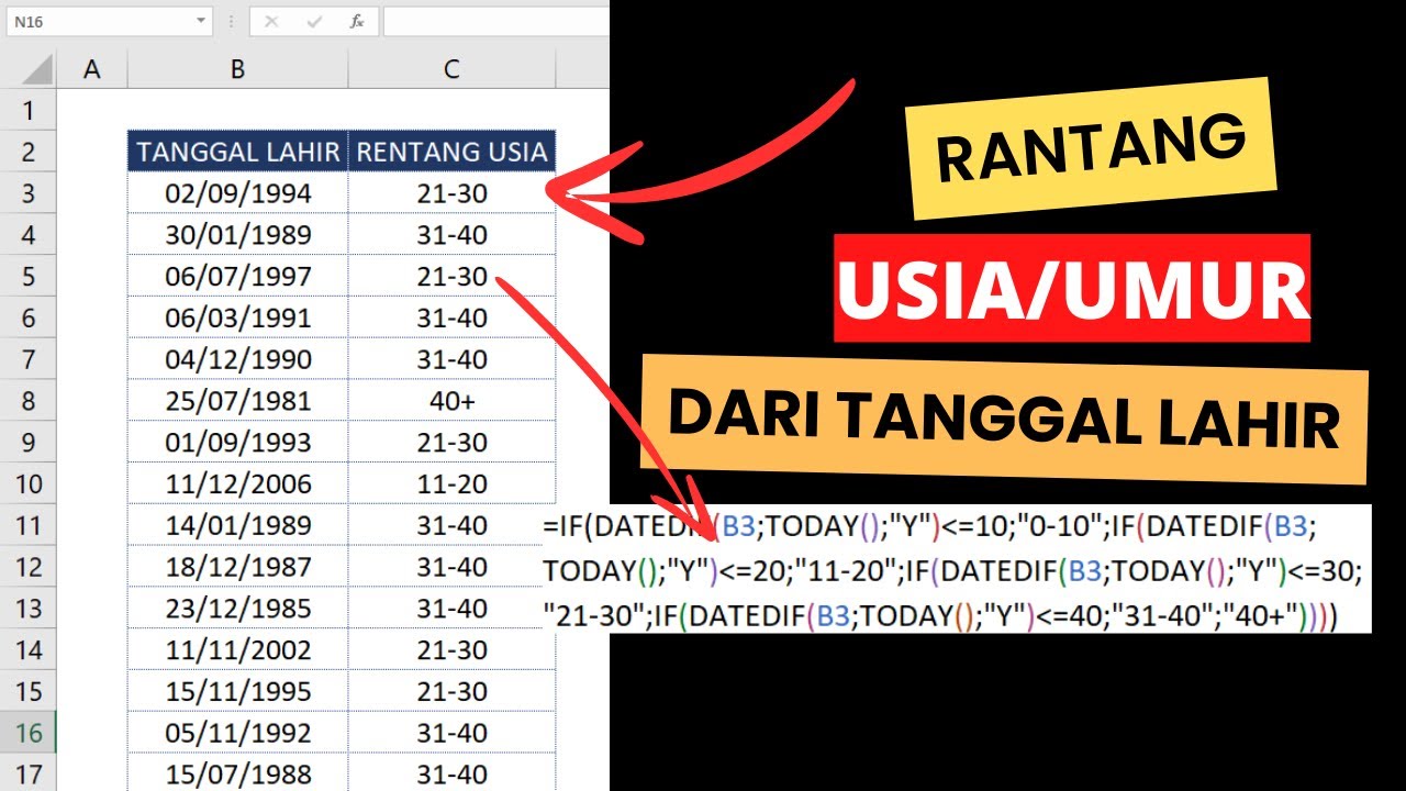 CARA MENENTUKAN RENTANG USIA DARI TANGGAL LAHIR DENGAN RUMUS EXCEL ...