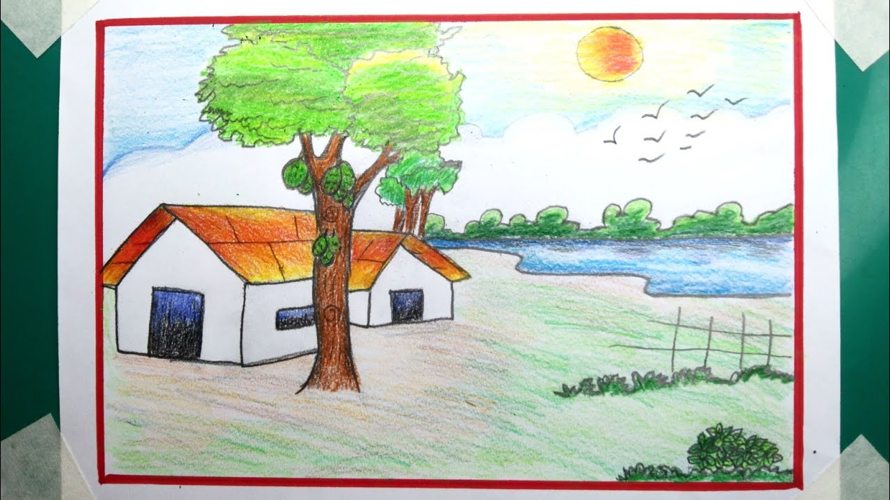 Gramer Drisso drawing by Pencil Colour ️🎨|| Village Scenery drawing ...