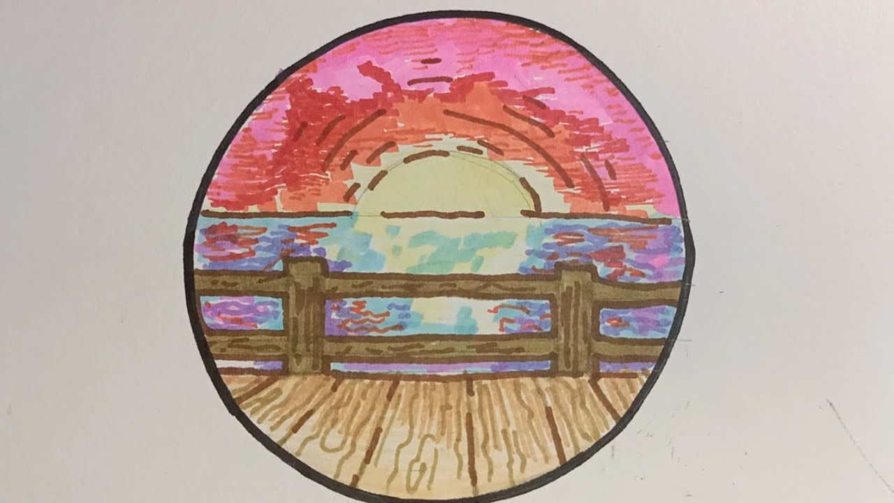 Beautiful drawing: landscape at sunset. Drawn in a circle. - YouTube
