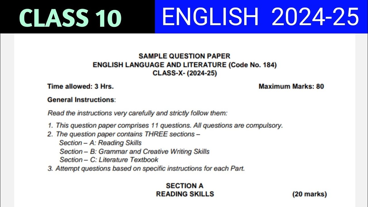 English Class 10 Question Paper 2024-25 CBSE ।। Sample Paper with ...