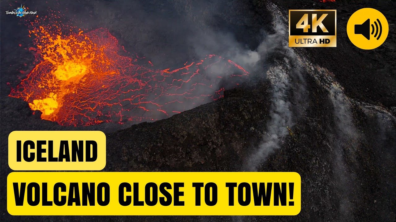 Active Volcano With A Hot Bubbling Lava Cauldron Close To A Small Town ...
