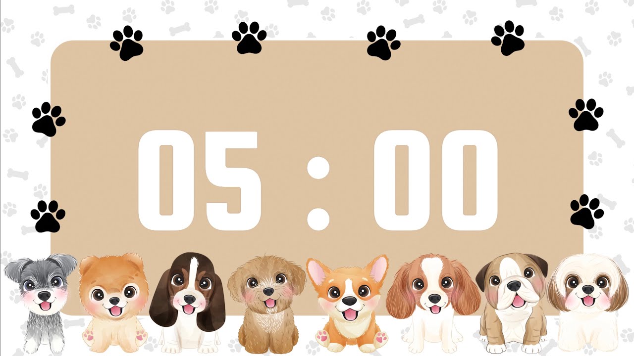 5-Minute Timer | With Upbeat Playful Music & Alarm Bell | Cute Dogs and ...