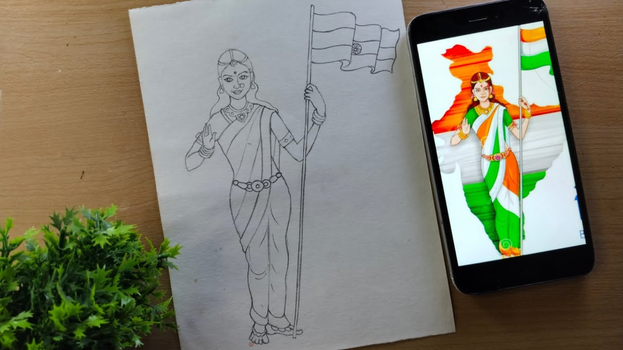 Bharat mata outline drawing 🙏🇮🇳 || easy Bharat mata || pencil sketch ...