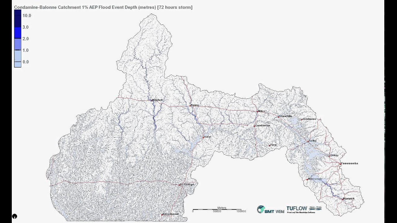 Condamine Catchment 1% AEP Flood Event Depth - YouTube