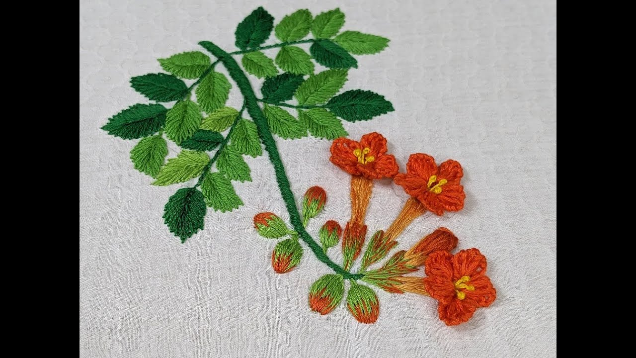 How to embroider Trumpet Vine Flower by Stitch and Crochet - YouTube