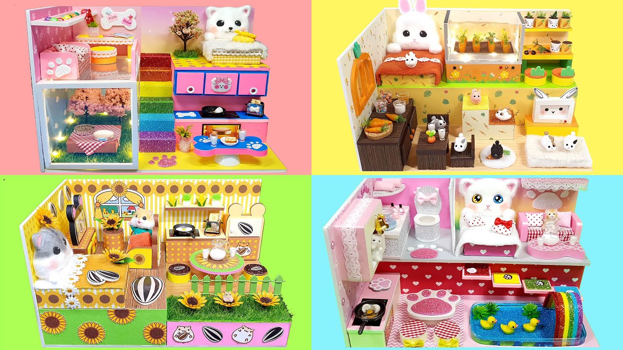 4 DIY Miniature Cute Animals Cardboard house Decor♥ How to make Puppy ♥ ...