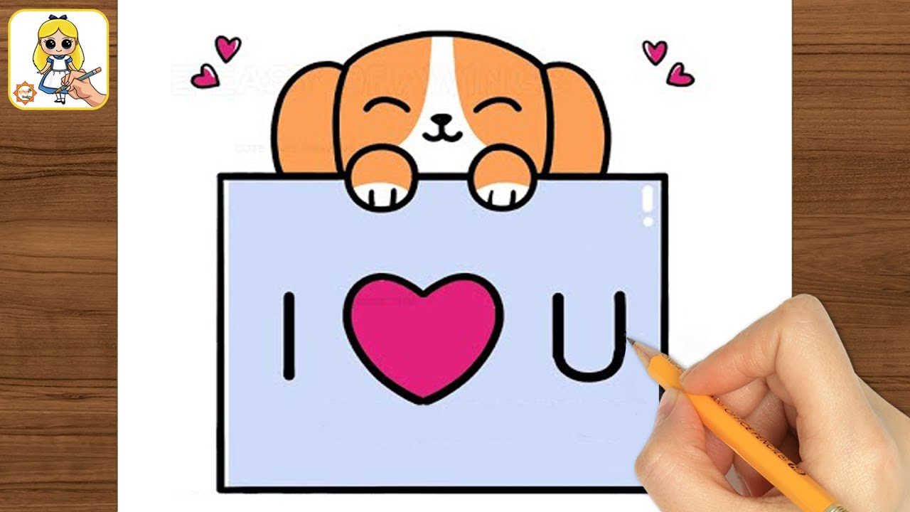 HOW TO DRAW A CUTE PUPPY HOLDING I ️U CARD - Drawing and Coloring - YouTube