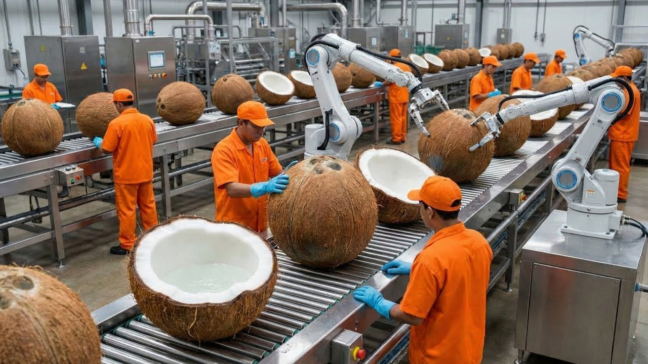 Inside a Modern Coconut Factory -- From Hard Shell to Creamy Milk Full ...