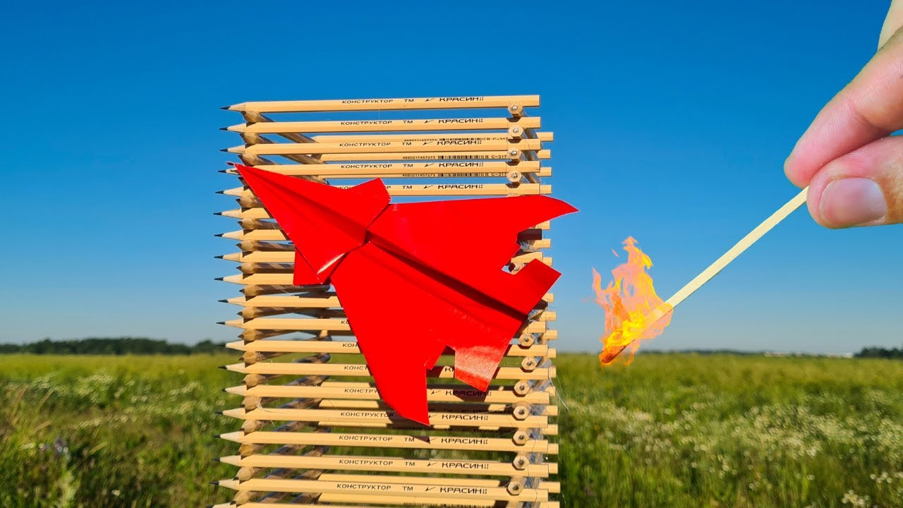 burning of a match- and pencil tower, amazing fire, domino effect ...