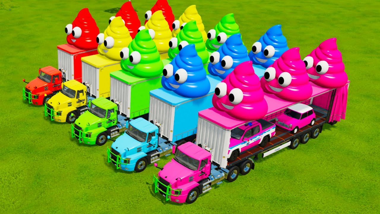 TRASPORTING GIANT POO, MINI COOPER, POLICE CARS WITH MACK TRUCKS ...